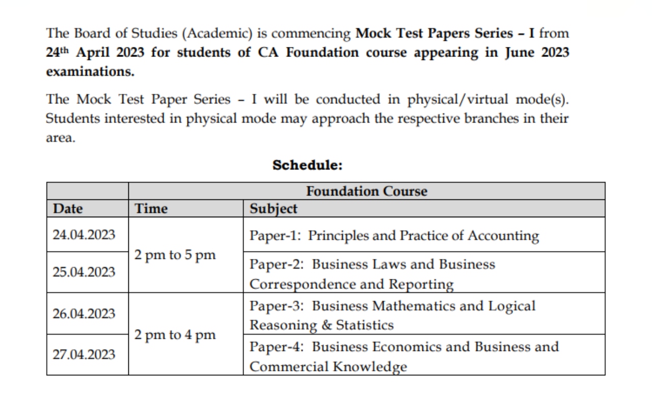 ICAI CA June 2023 Mock Test Schedule ICAI CA June 2023 Mock Test Schedule